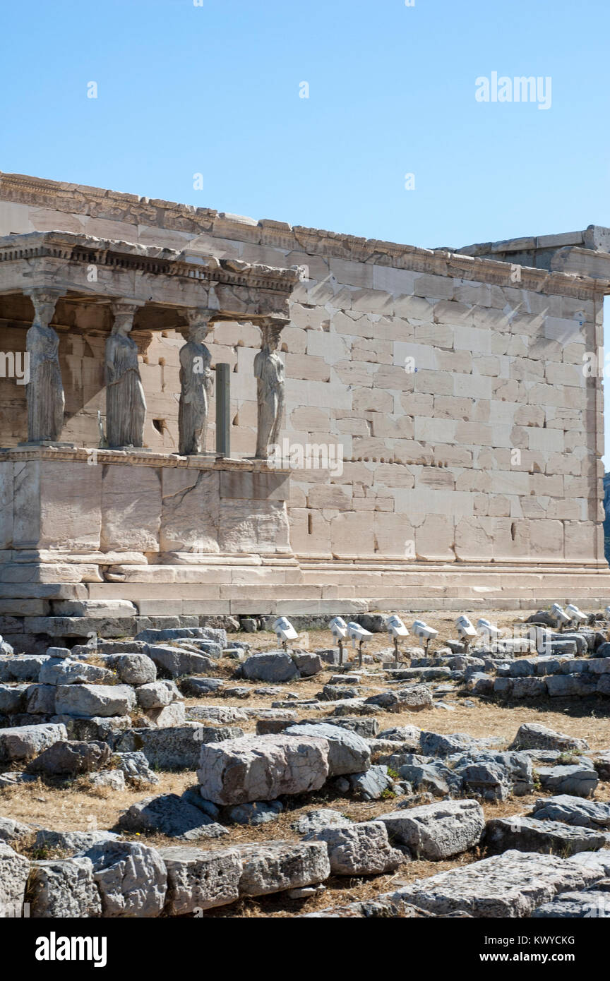panoramic background with Acropolis, porch of caryatids, Erechtheum ...