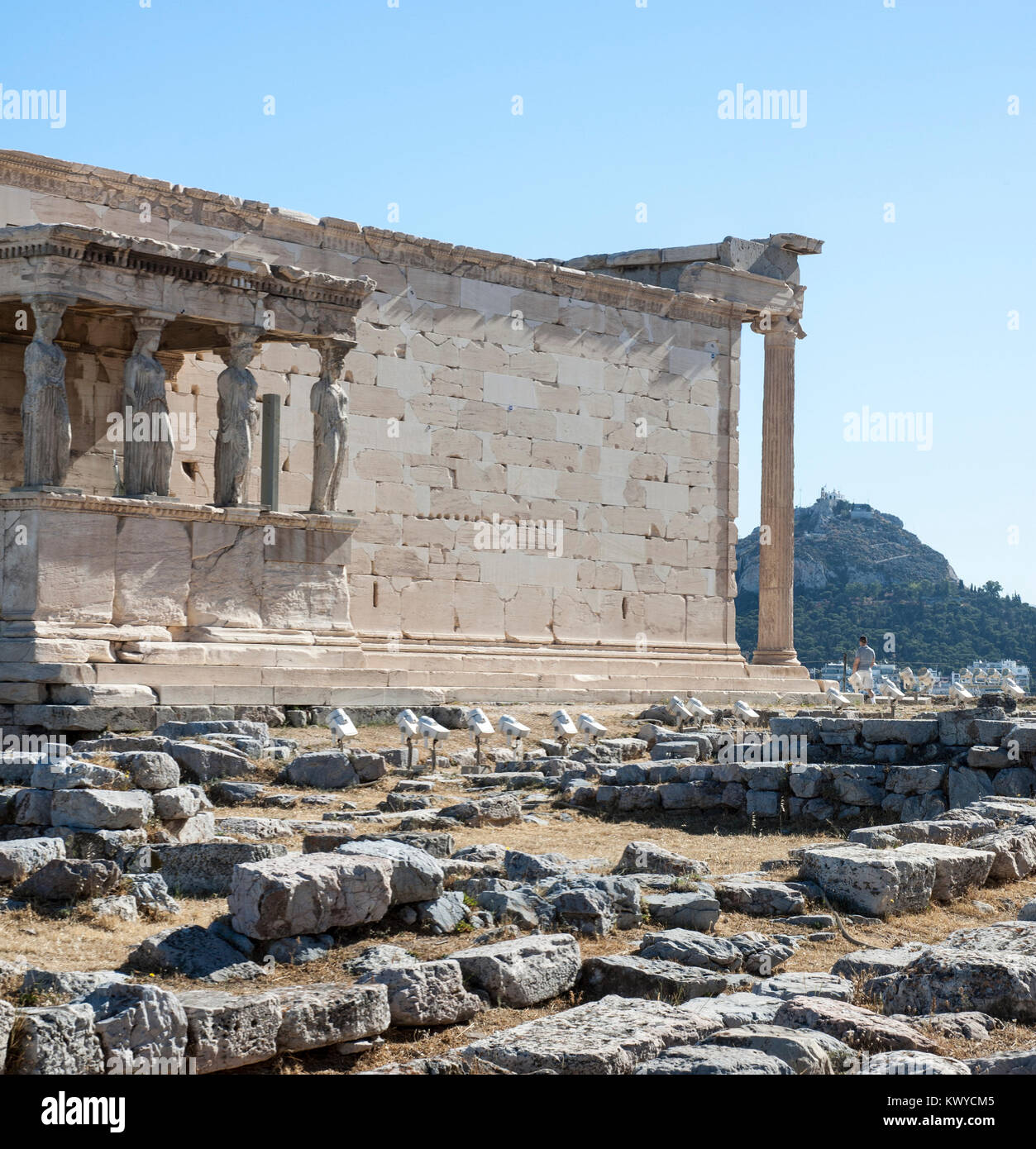 panoramic background with Acropolis, porch of caryatids, Erechtheum ...