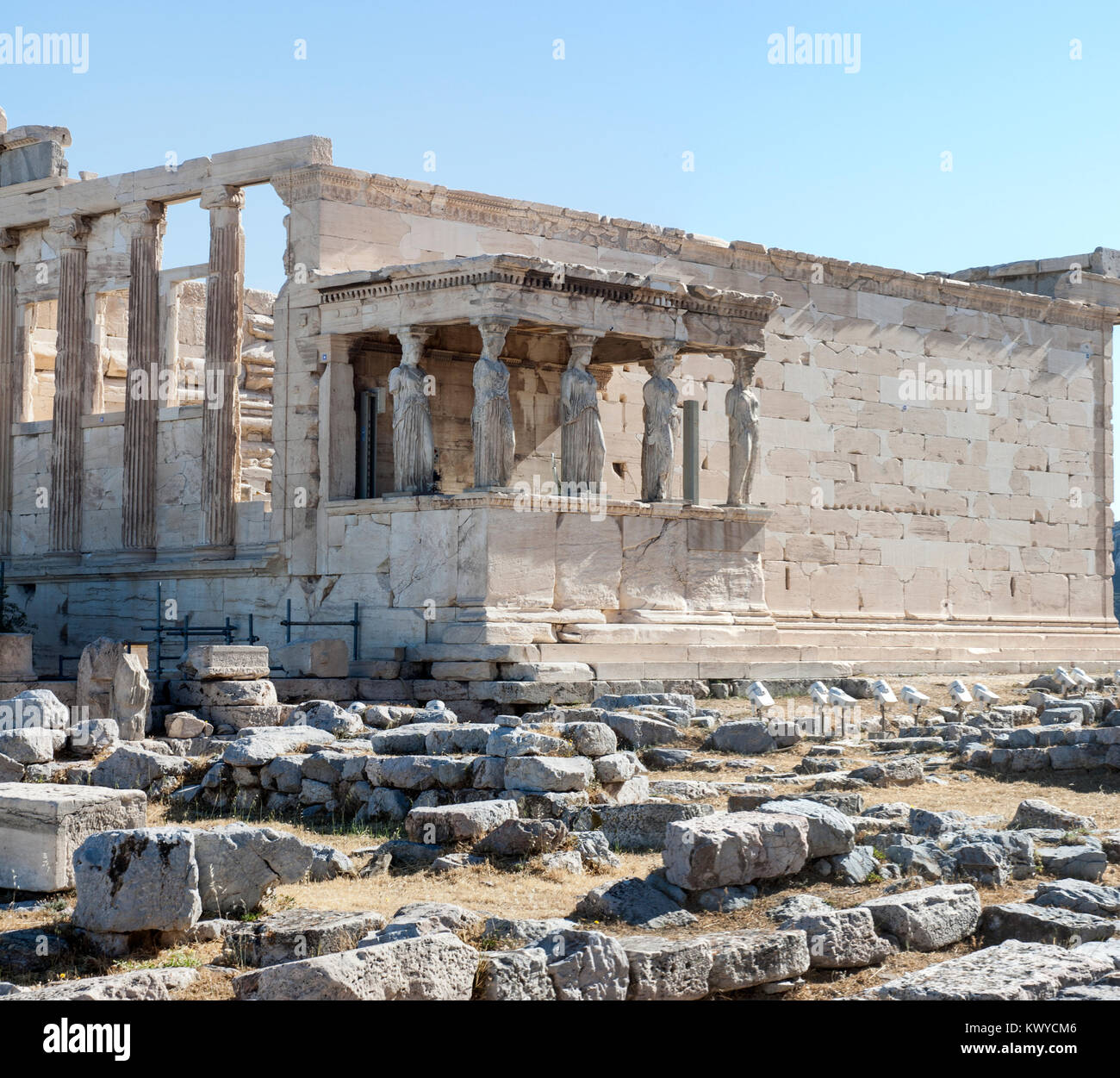 panoramic background with Acropolis, porch of caryatids, Erechtheum ...