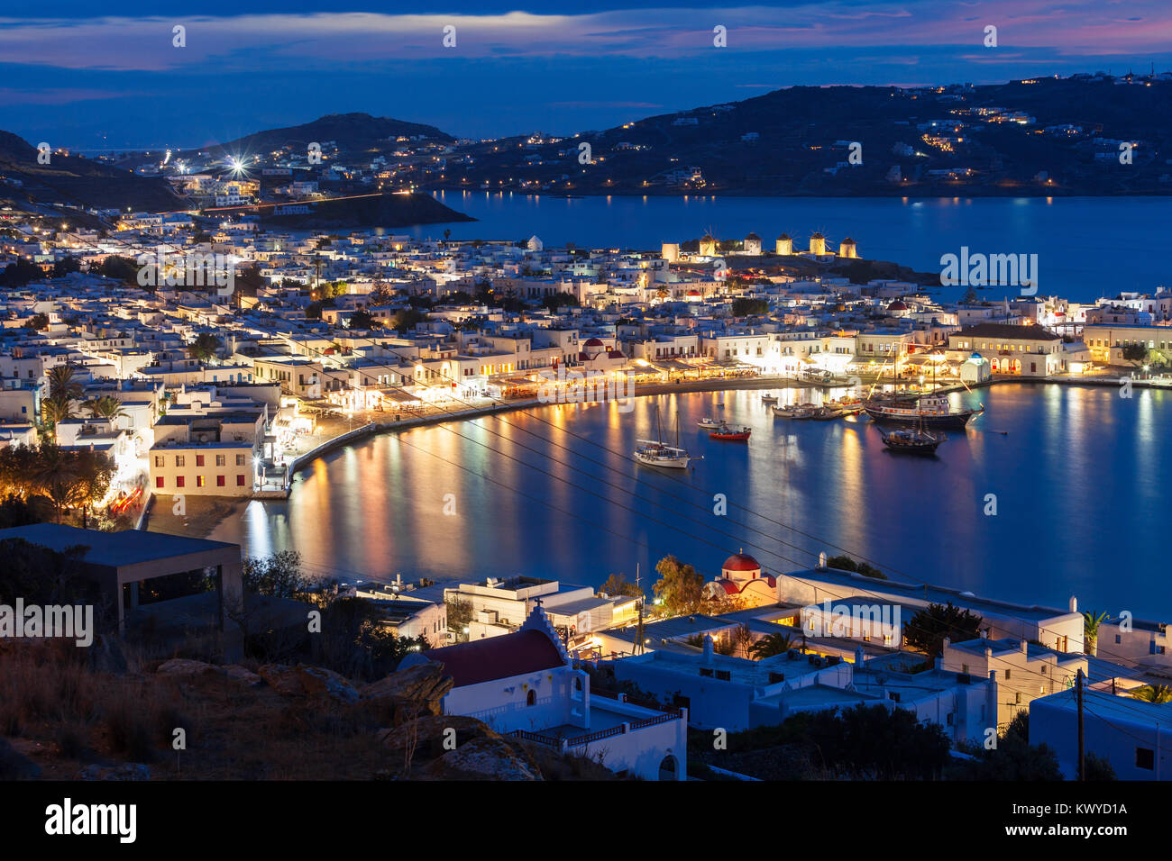 Mykonos island aerial panoramic view at night. Mykonos is a island ...