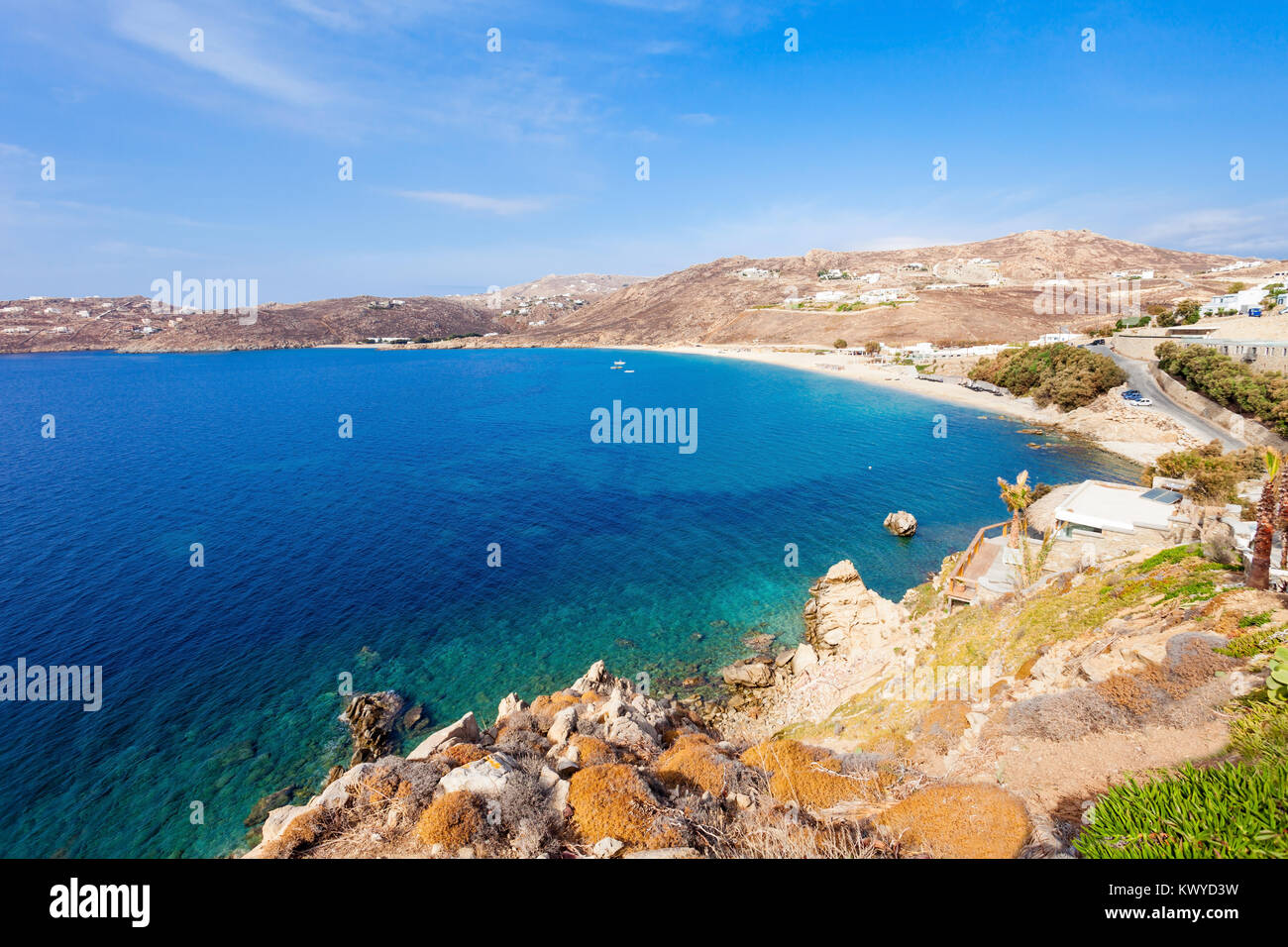 Elia Beach aerial panoramic view from viewpoint on the Mykonos island ...