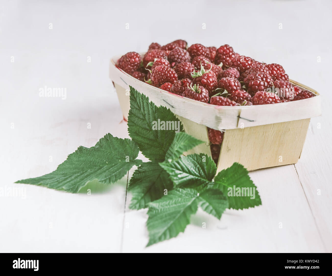 Collected raspberries in a basket. Side view Stock Photo - Alamy