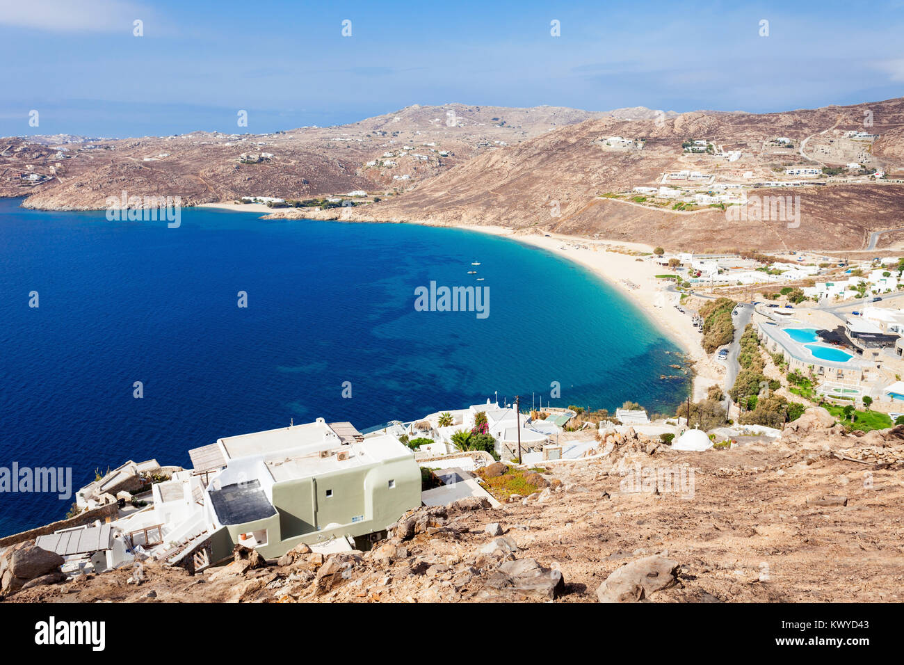 Elia Beach aerial panoramic view from viewpoint on the Mykonos island ...