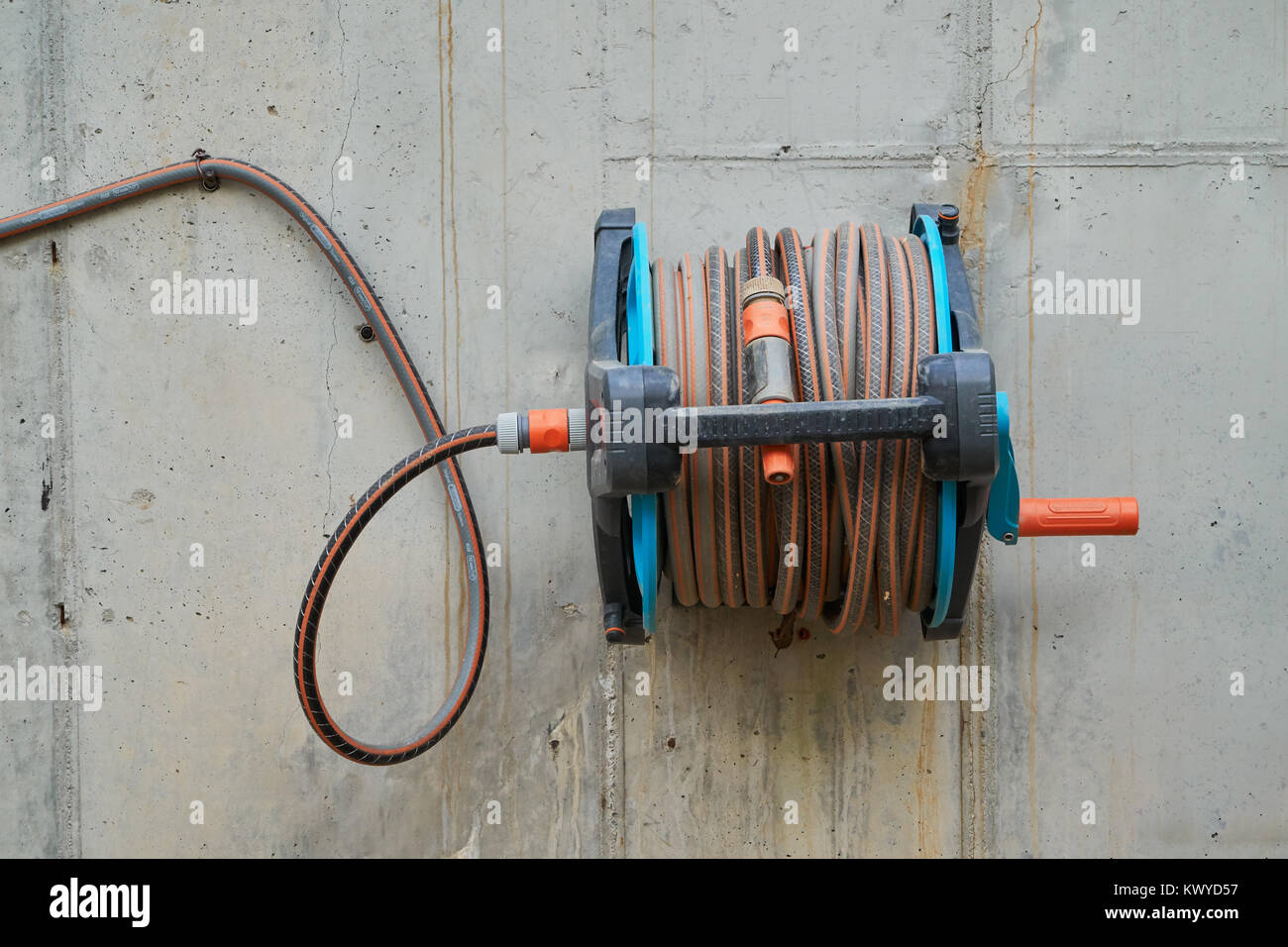 Wall-mounted hose roll for gardening on a exposed concrete finishing ...