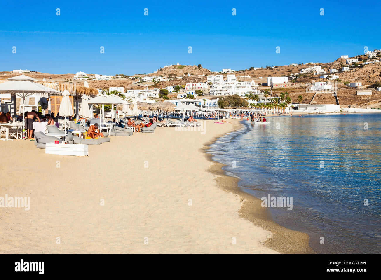 Ornos beach on the Mykonos island, Cyclades in Greece Stock Photo - Alamy