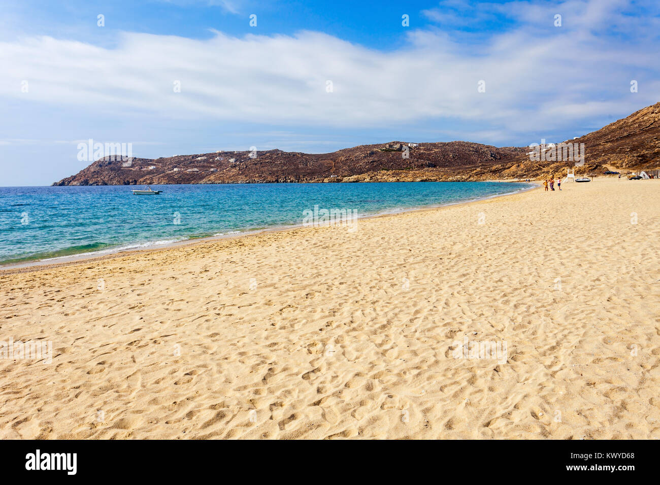 Elia Beach with yellow sand on the Mykonos island, Cyclades in Greece ...