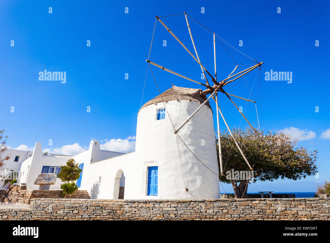 Traditional cycladic windmill in Parikia town, on the island of Paros ...