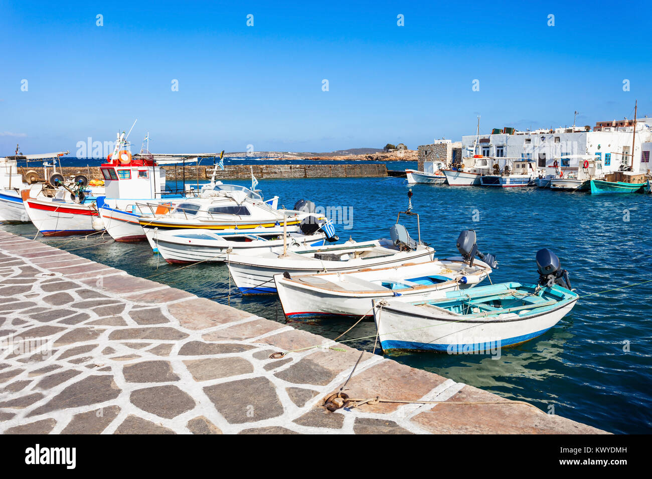 Boats in the port of Naoussa town on the Paros island in Greece Stock ...