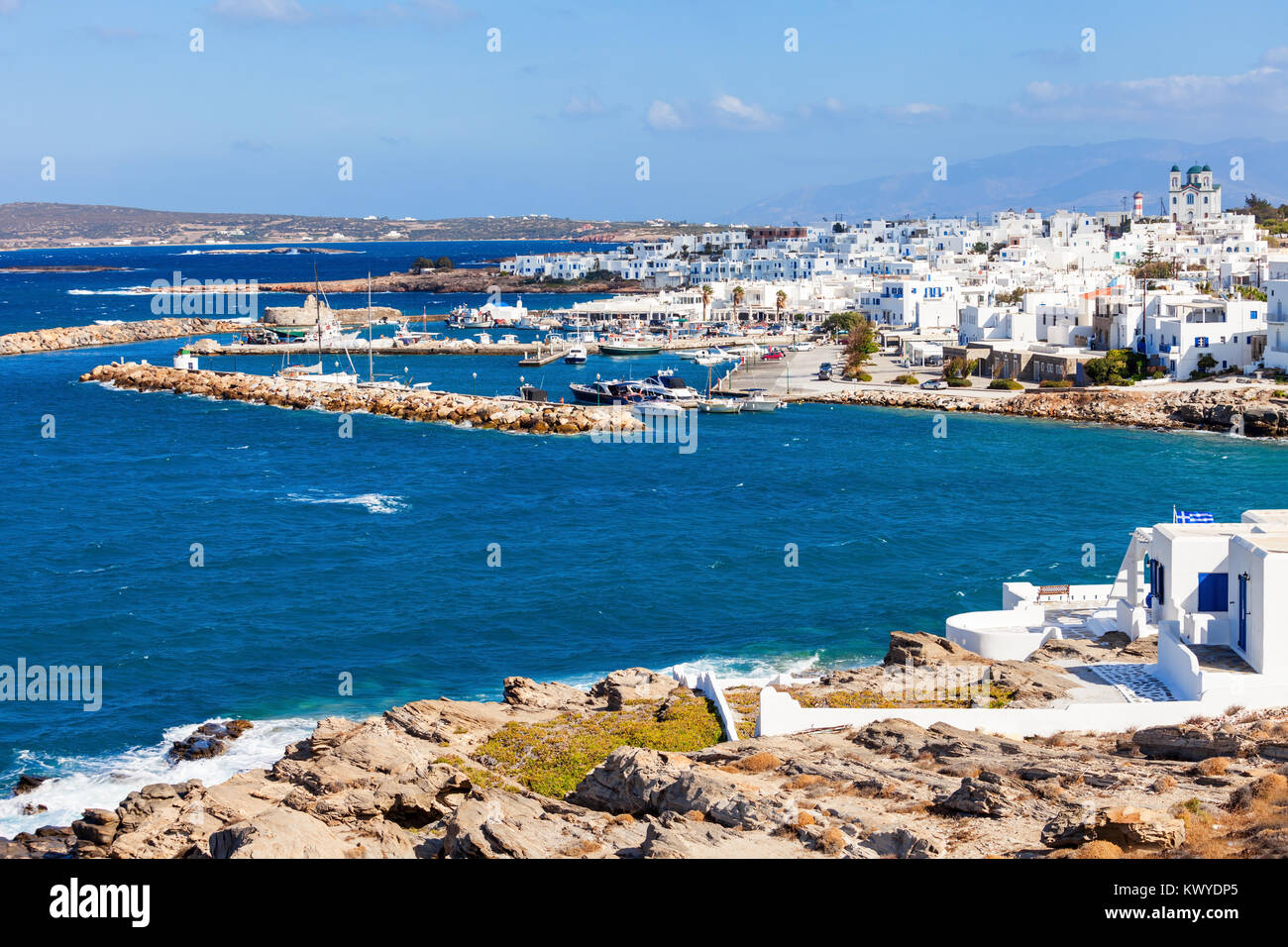 Parikia town aerial panoramic view, Paros island in Greece Stock Photo ...