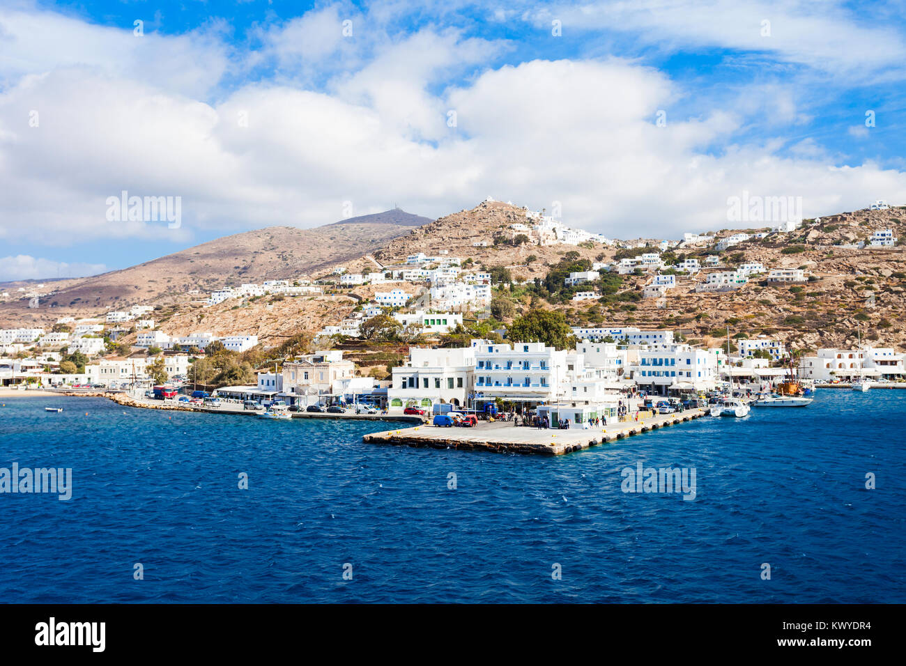 The Port of Ios at the head of Ormos harbor, Ios island, Cyclades in ...