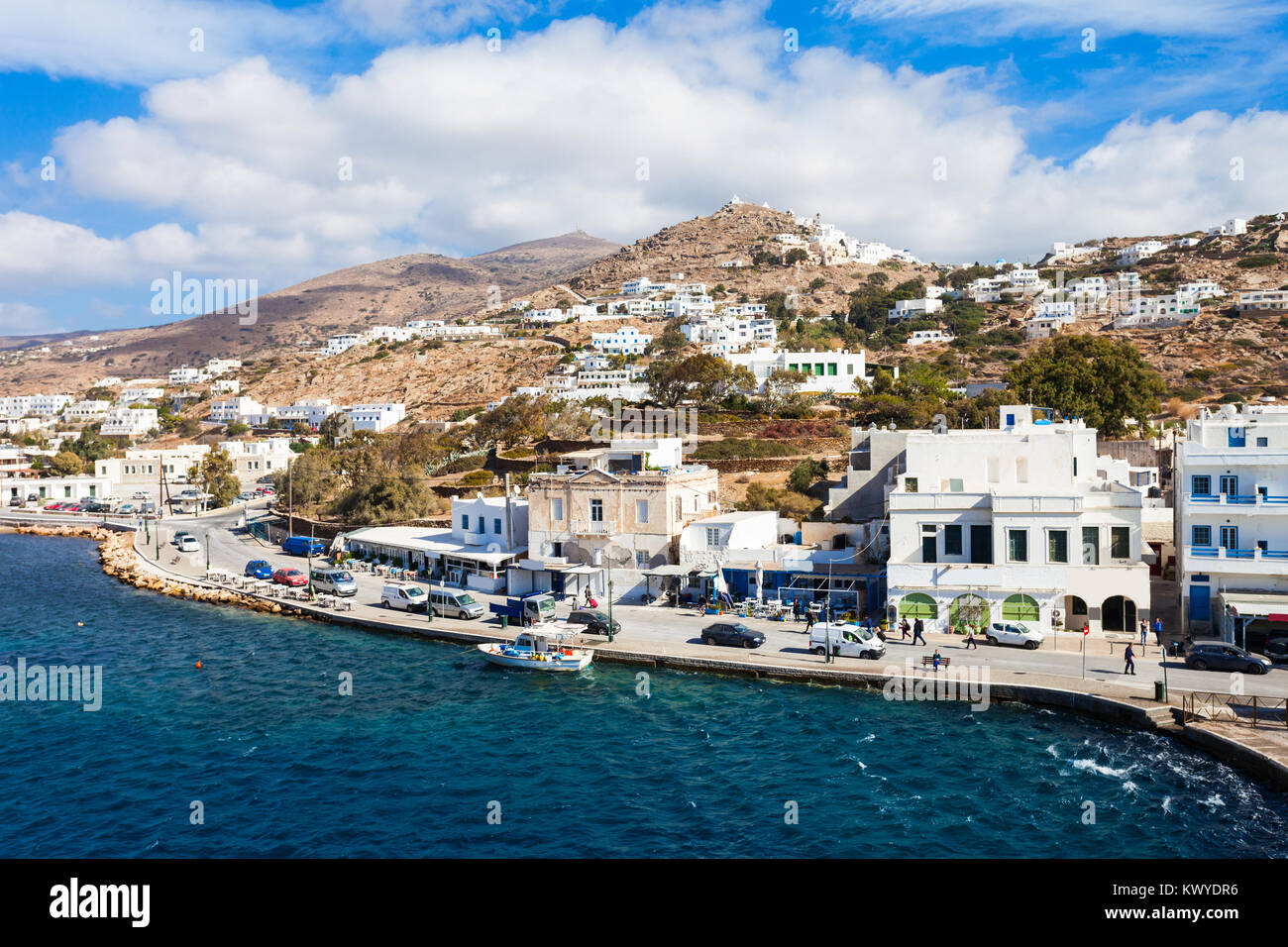 The Port of Ios at the head of Ormos harbor, Ios island, Cyclades in ...