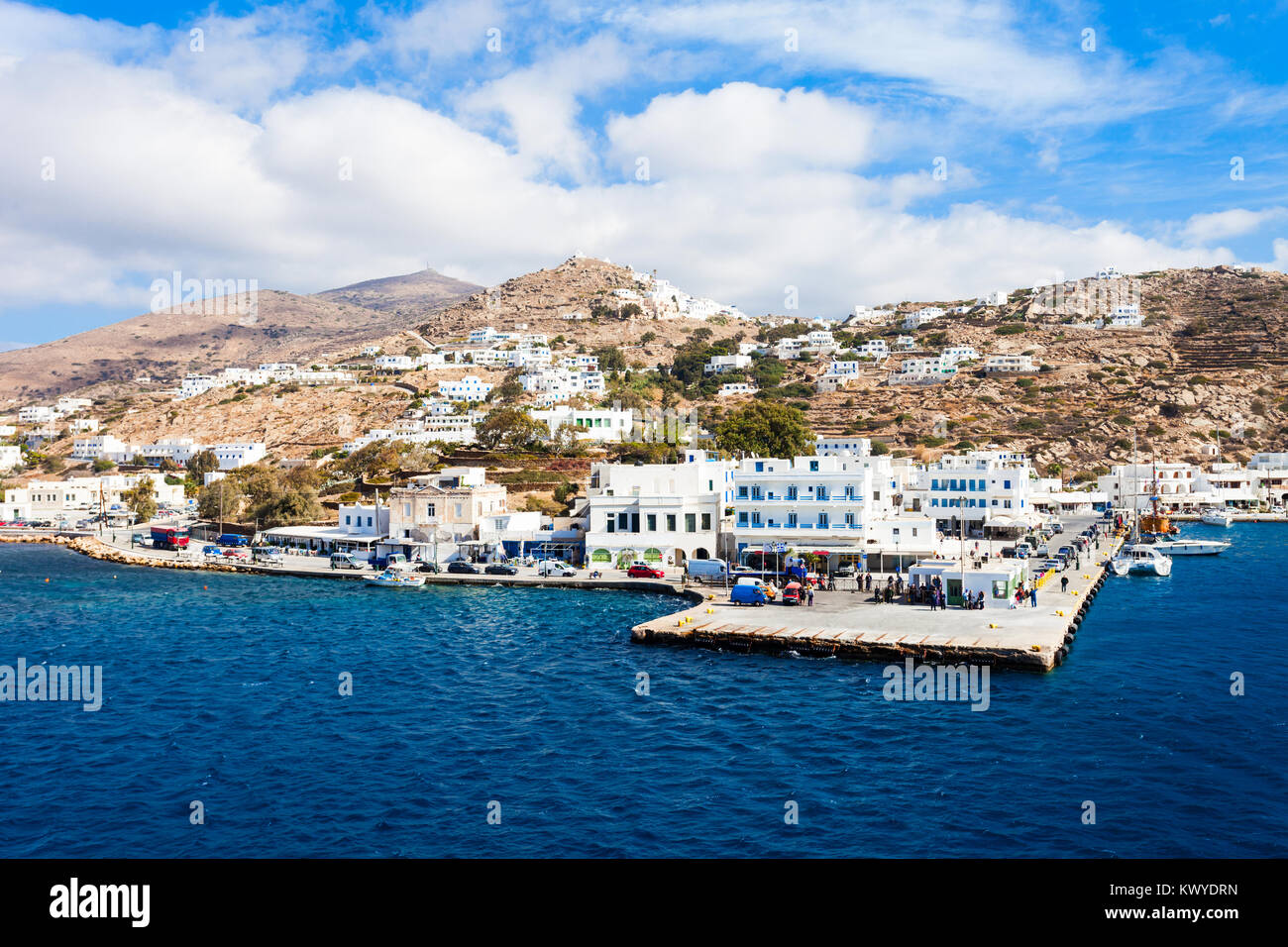 The Port of Ios at the head of Ormos harbor, Ios island, Cyclades in ...