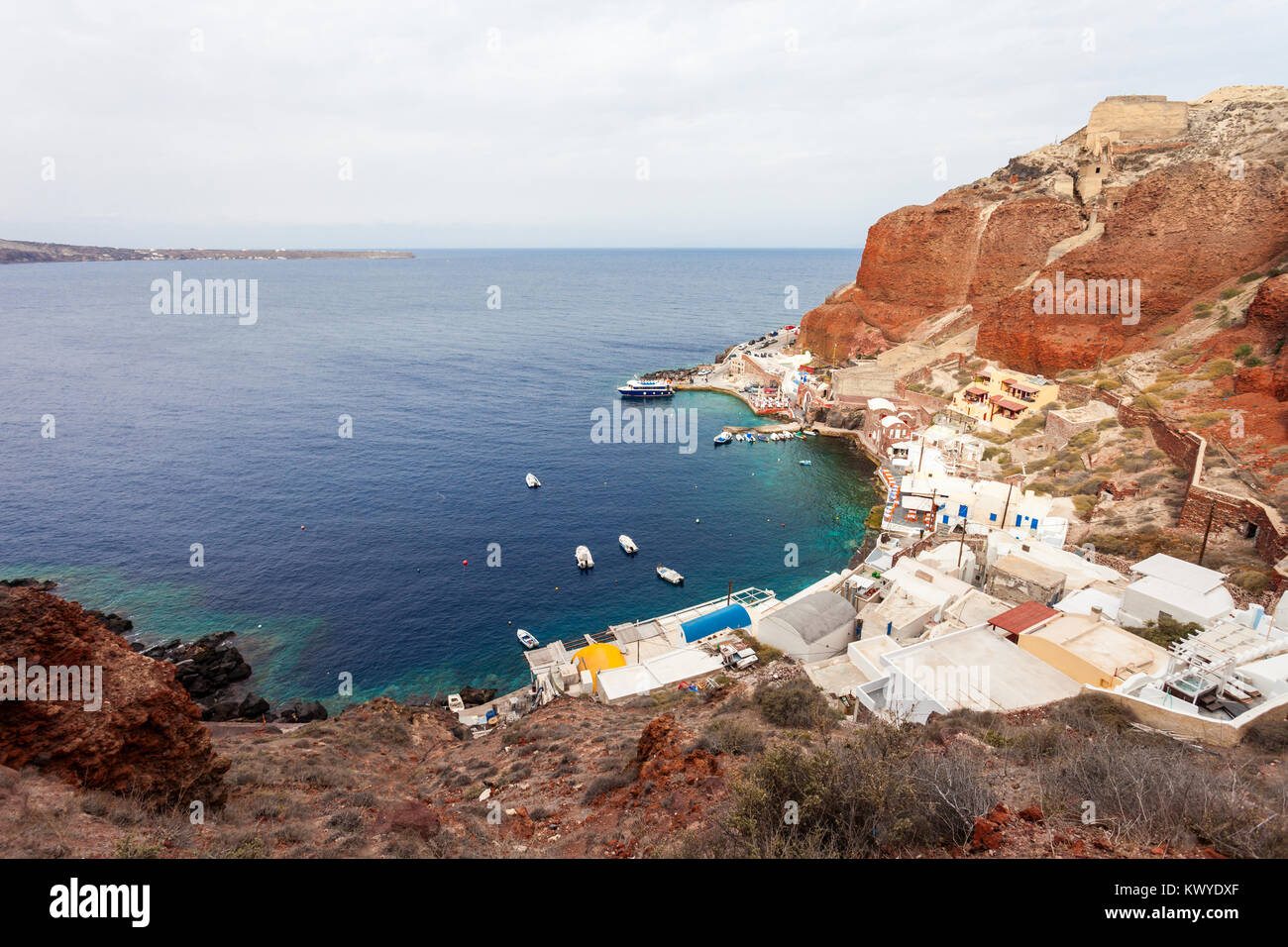 Amoudi Bay port in Santorini island in the Cyclades, Greece Stock Photo ...