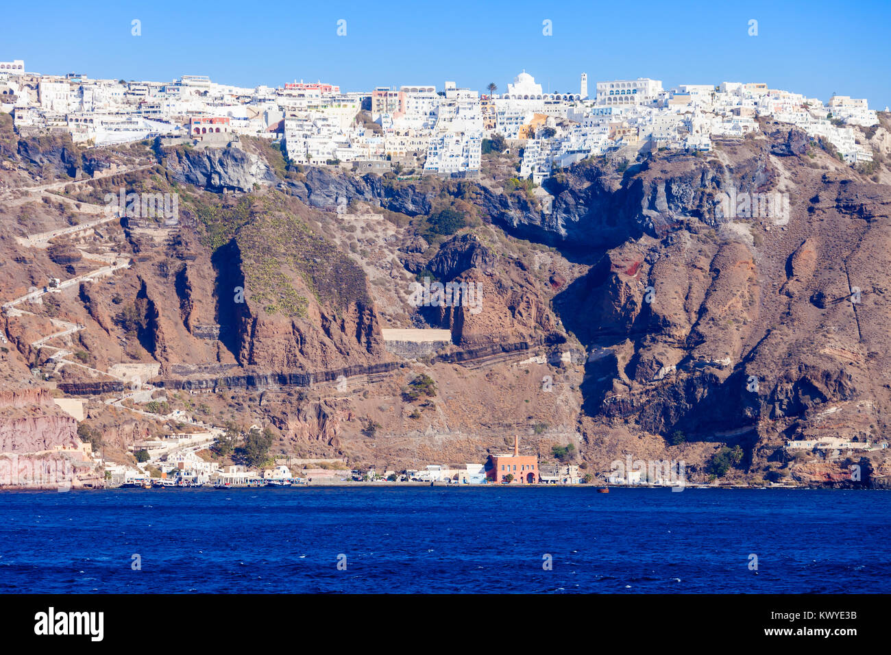Fira town aerial panoramic view, Santorini. Fira is the modern capital ...