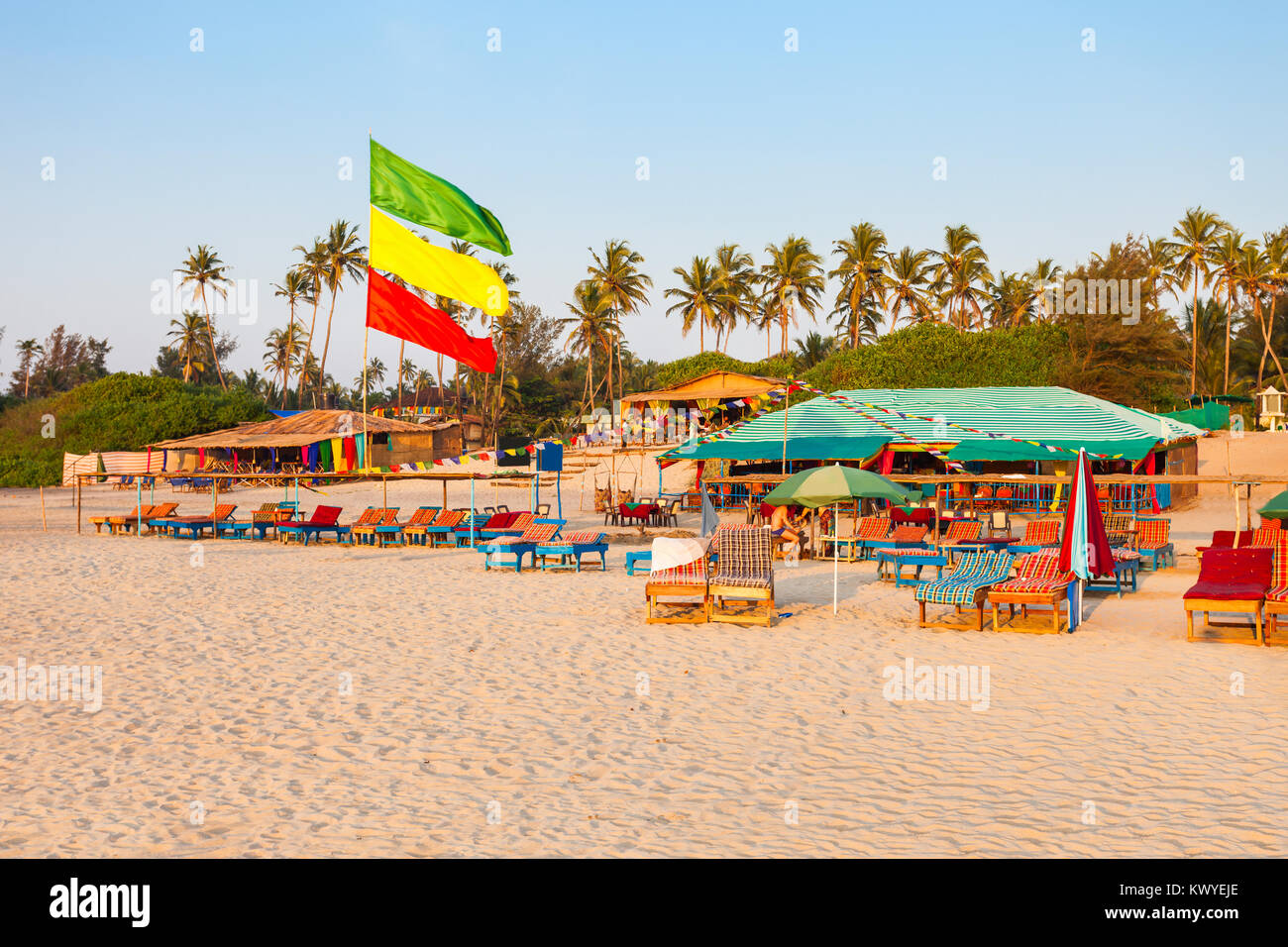 Beach restaurant shacks and sunbeds on Arambol beach in north Goa ...