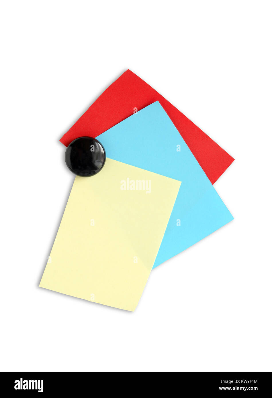 Few colored paper sheets hanging with magnet on white background ...