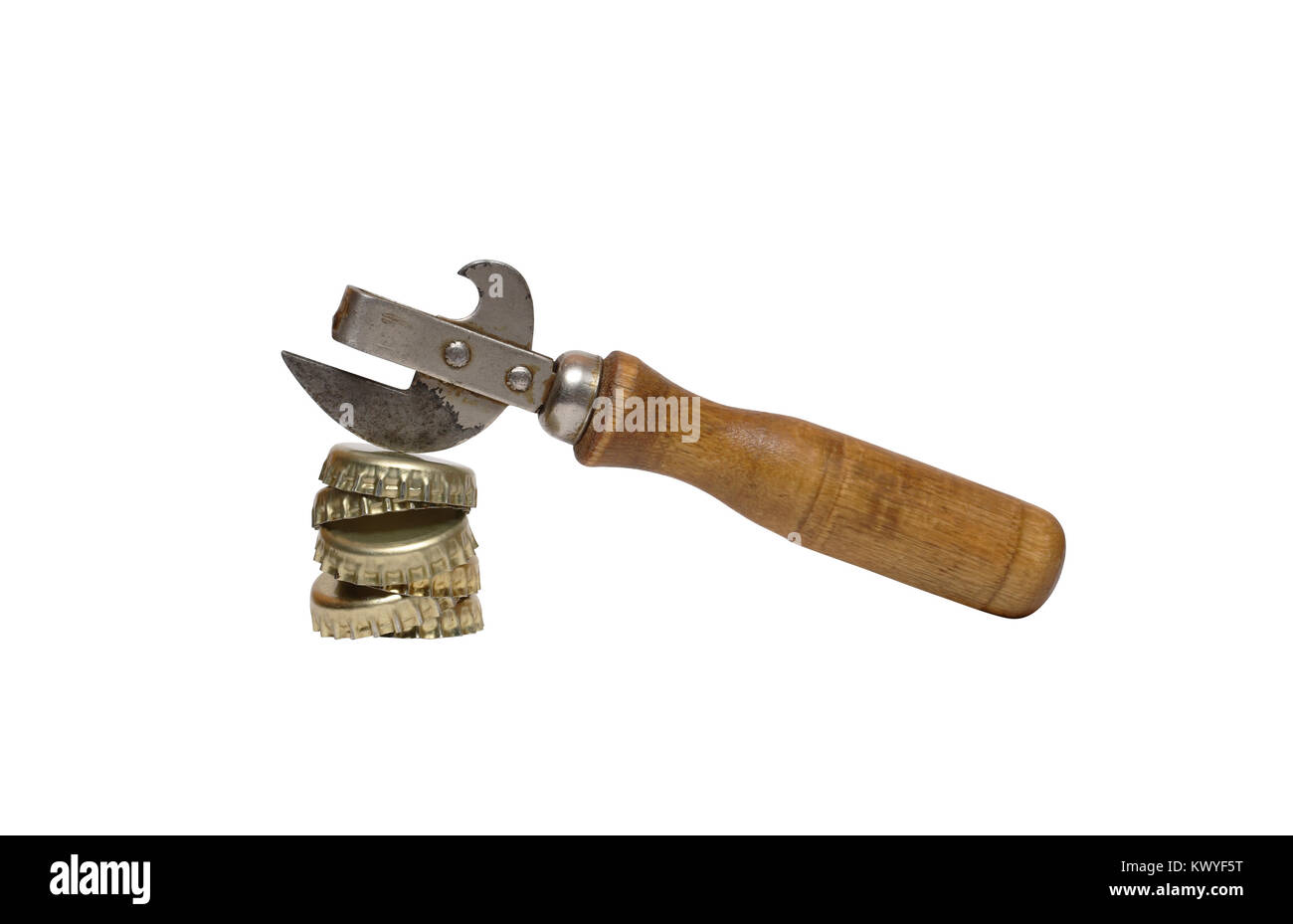 Stack of bottle caps and old opener isolated on white background Stock ...