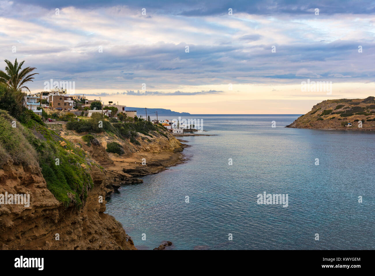 Panoramic view of small traditional fishing village of Mochlos, Crete ...