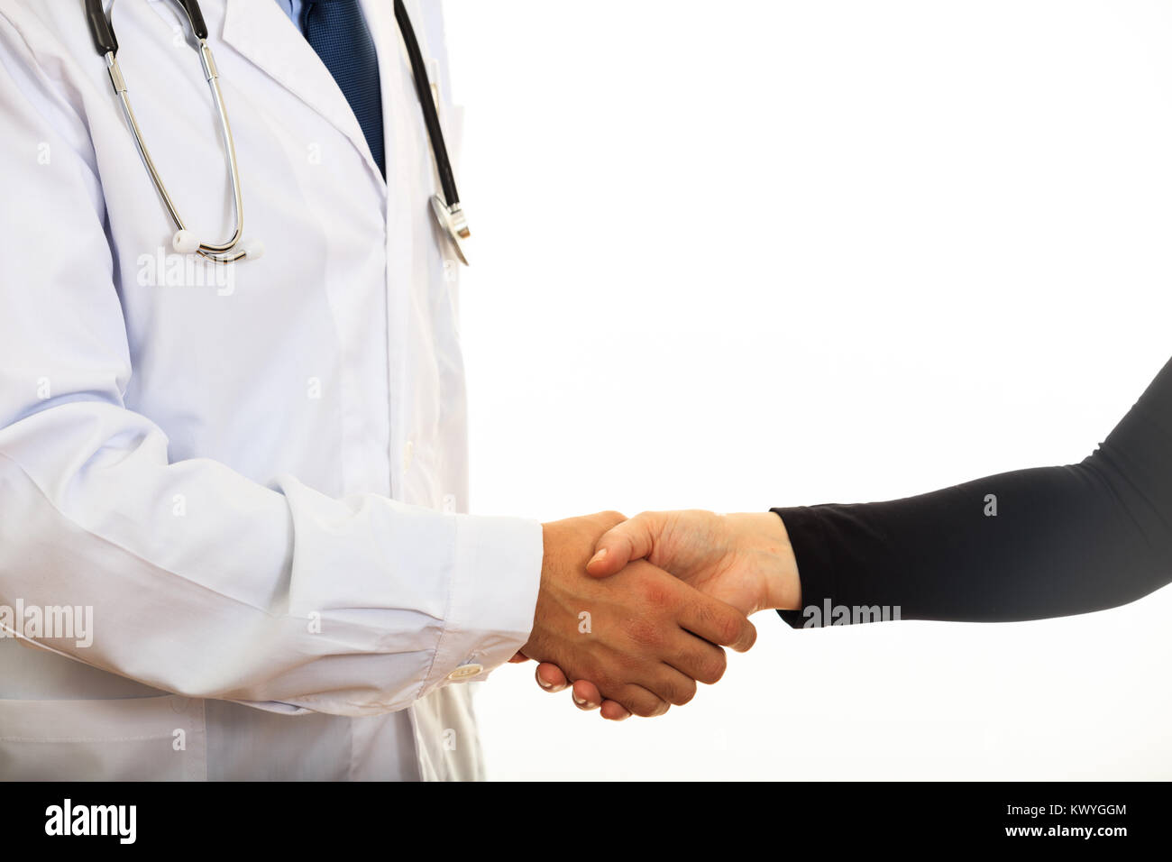 Doctor giving a handshake on white background Stock Photo - Alamy
