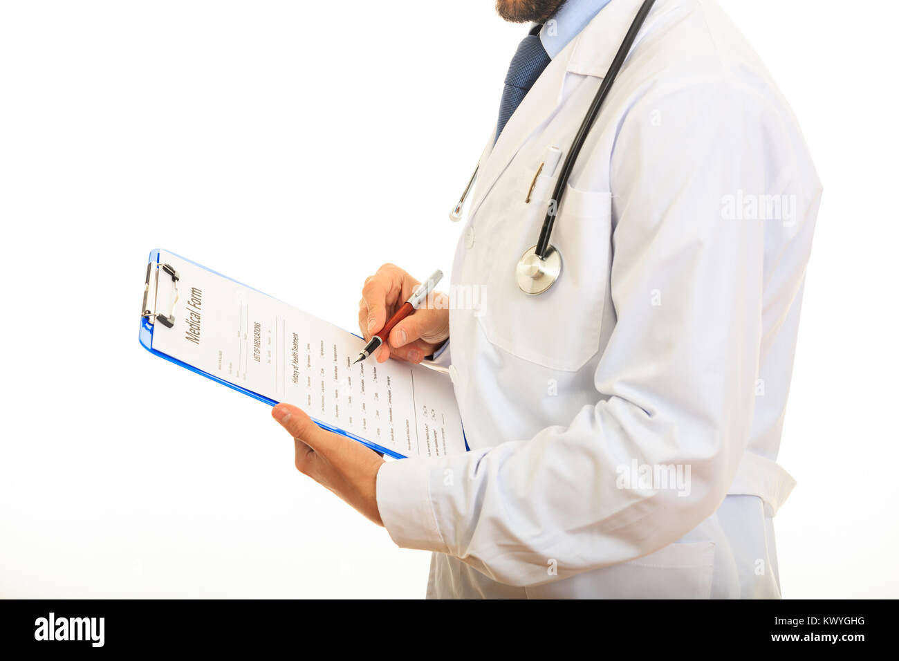 Doctor holding a blue clipboard on white background Stock Photo - Alamy