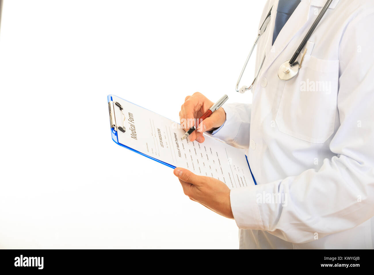 Doctor holding a blue clipboard on white background Stock Photo - Alamy