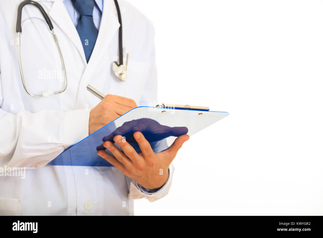 Doctor holding a blue clipboard on white background Stock Photo - Alamy