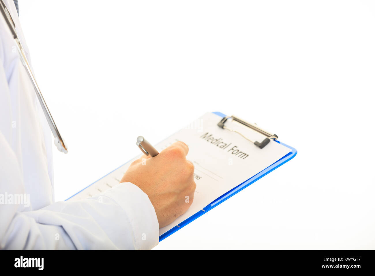 Doctor holding a blue clipboard on white background Stock Photo - Alamy
