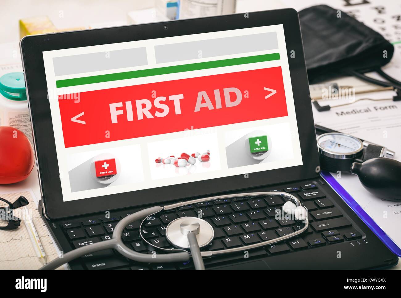 First aid written on a computer's screen Stock Photo - Alamy