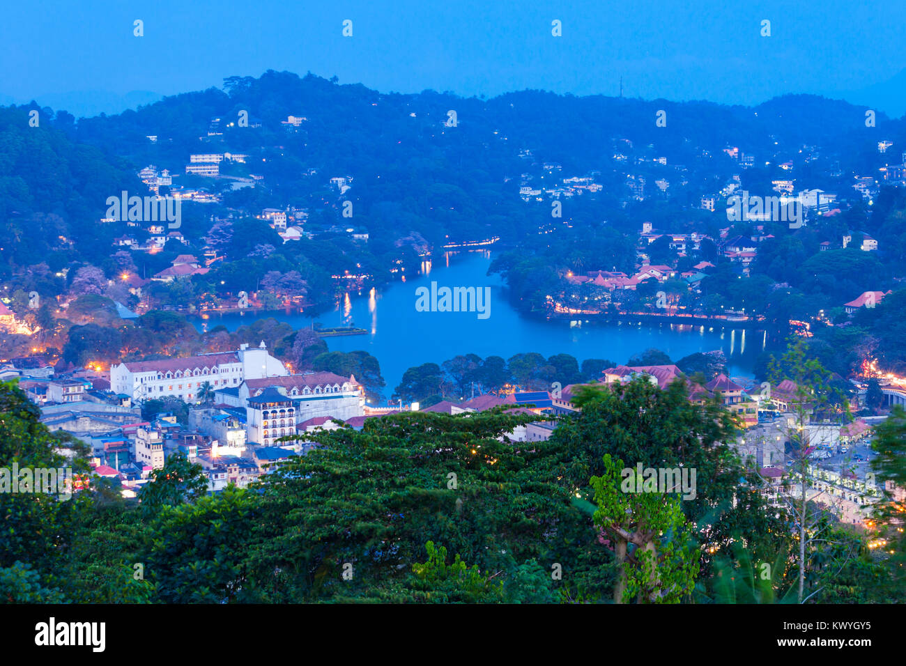 Kandy Lake and Kandy city aerial panoramic view at sunset from Arthur's ...