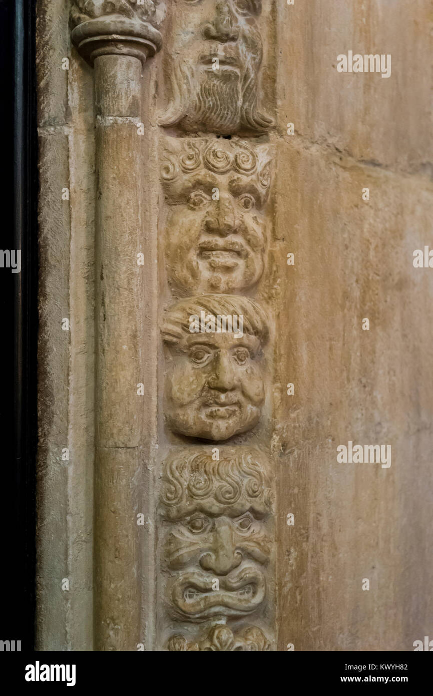 Stone face carvings inside the Santa Maria Church of the Jeronimas ...