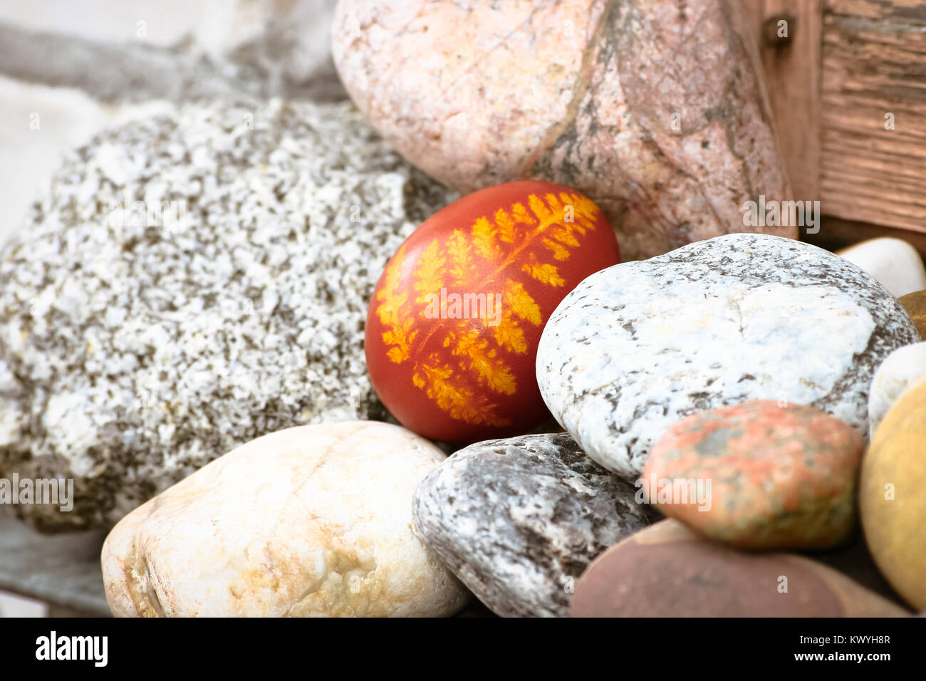 A beautiful, colored red Easter egg in the backyard. Traditional spring ...