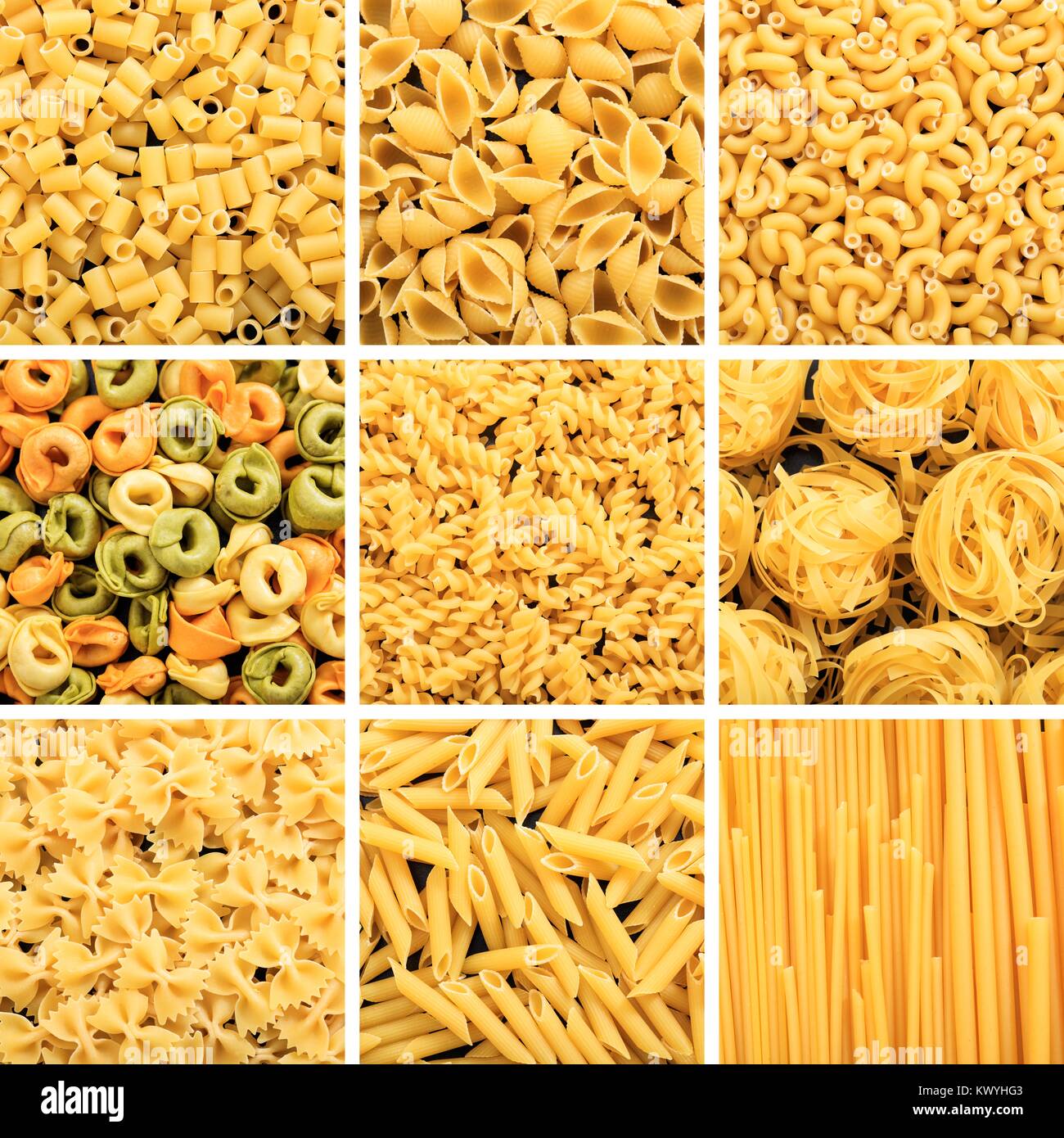 Variety of raw pasta shapes collage Stock Photo - Alamy