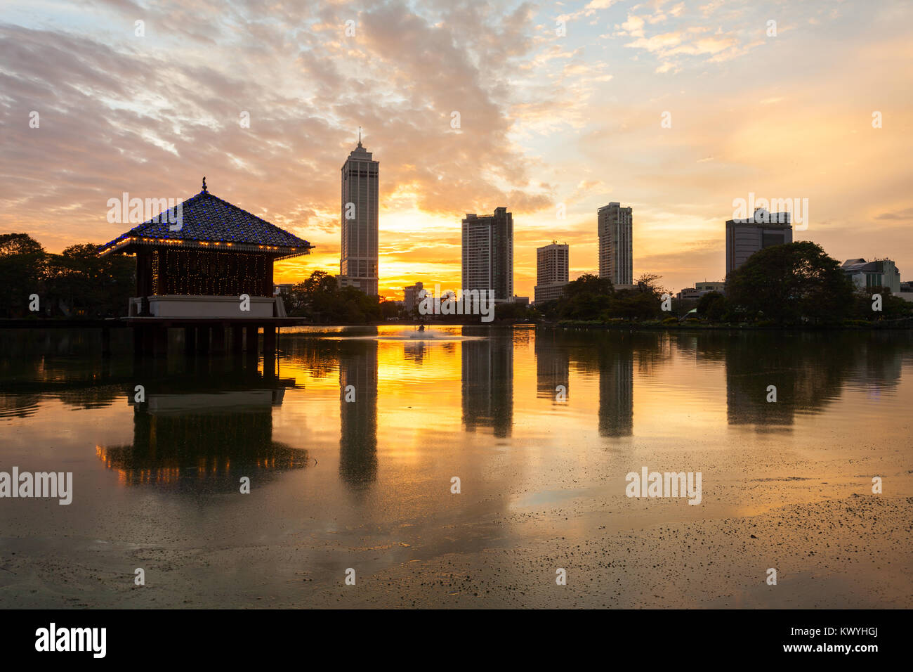 Beira lake and Colombo city skyline view at sunset. Beira lake is a ...