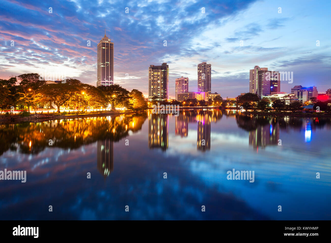 Beira lake and Colombo city skyline view at sunset. Beira lake is a ...