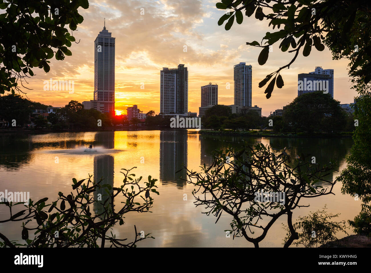 Beira lake and Colombo city skyline view at sunset. Beira lake is a ...