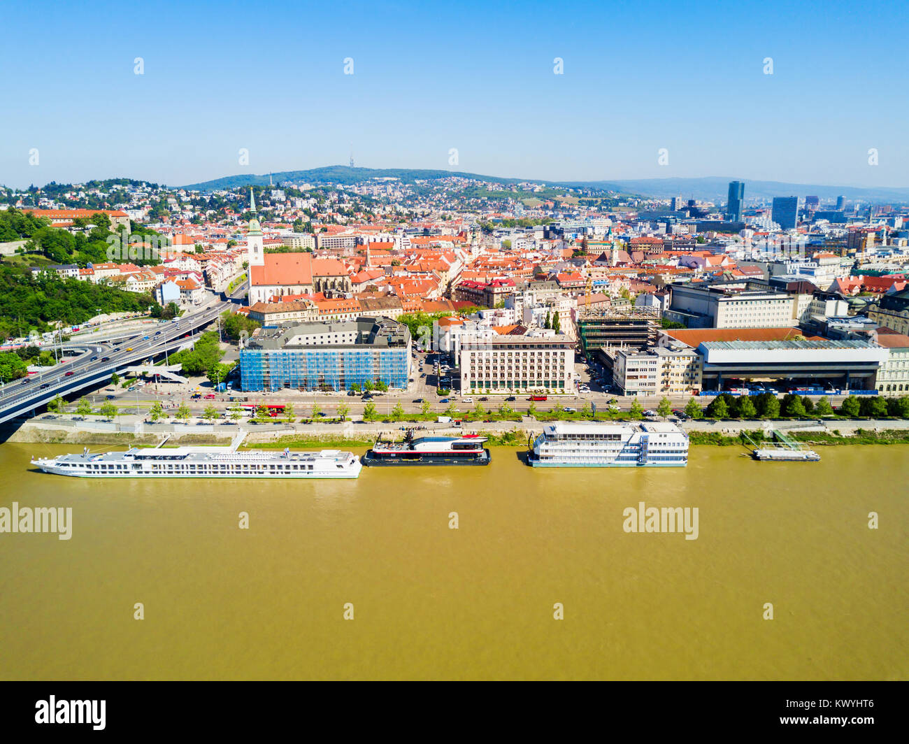 Danube river aerial panoramic view in Bratislava. Bratislava is a capital of Slovakia Stock ...