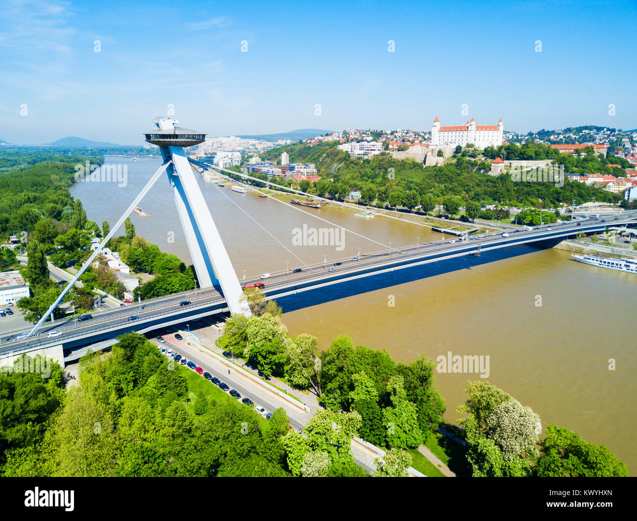 SNP New Bridge through Danude river aerial panoramic view in Bratislava ...
