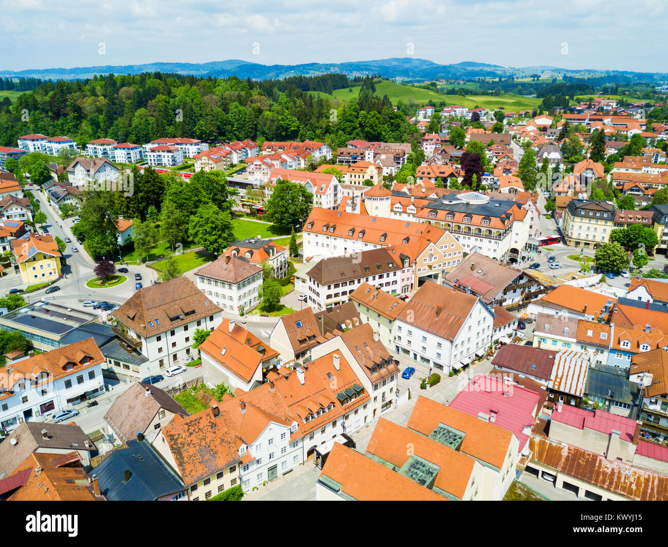 Fussen old town aerial panoramic view. Fussen is a small town in ...