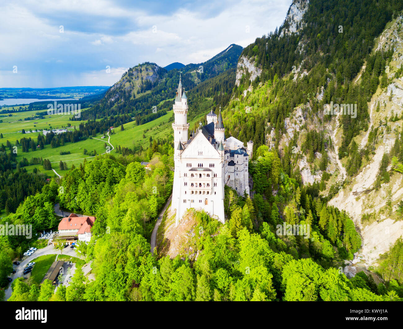Schloss Neuschwanstein or New Swanstone Castle aerial panoramic view ...
