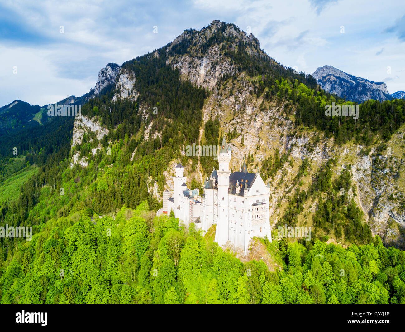 Schloss Neuschwanstein or New Swanstone Castle aerial panoramic view ...