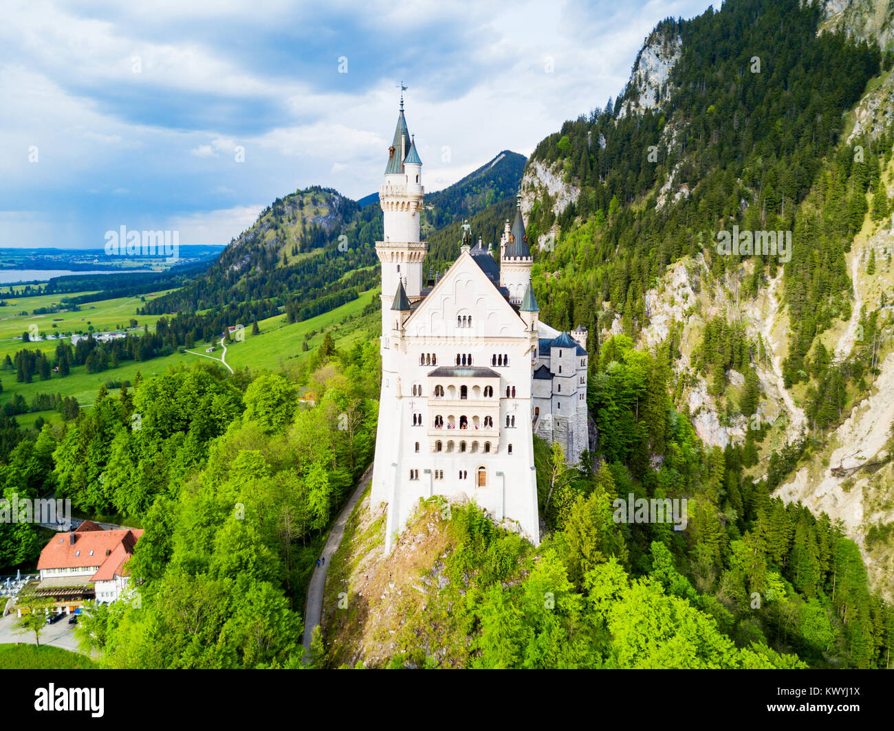 Schloss Neuschwanstein or New Swanstone Castle aerial panoramic view ...