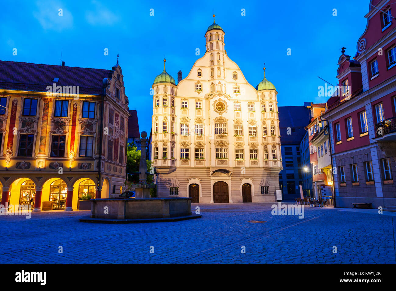 Town Hall or Rathaus in Memmingen city centre at sunset. Memmingen is a ...