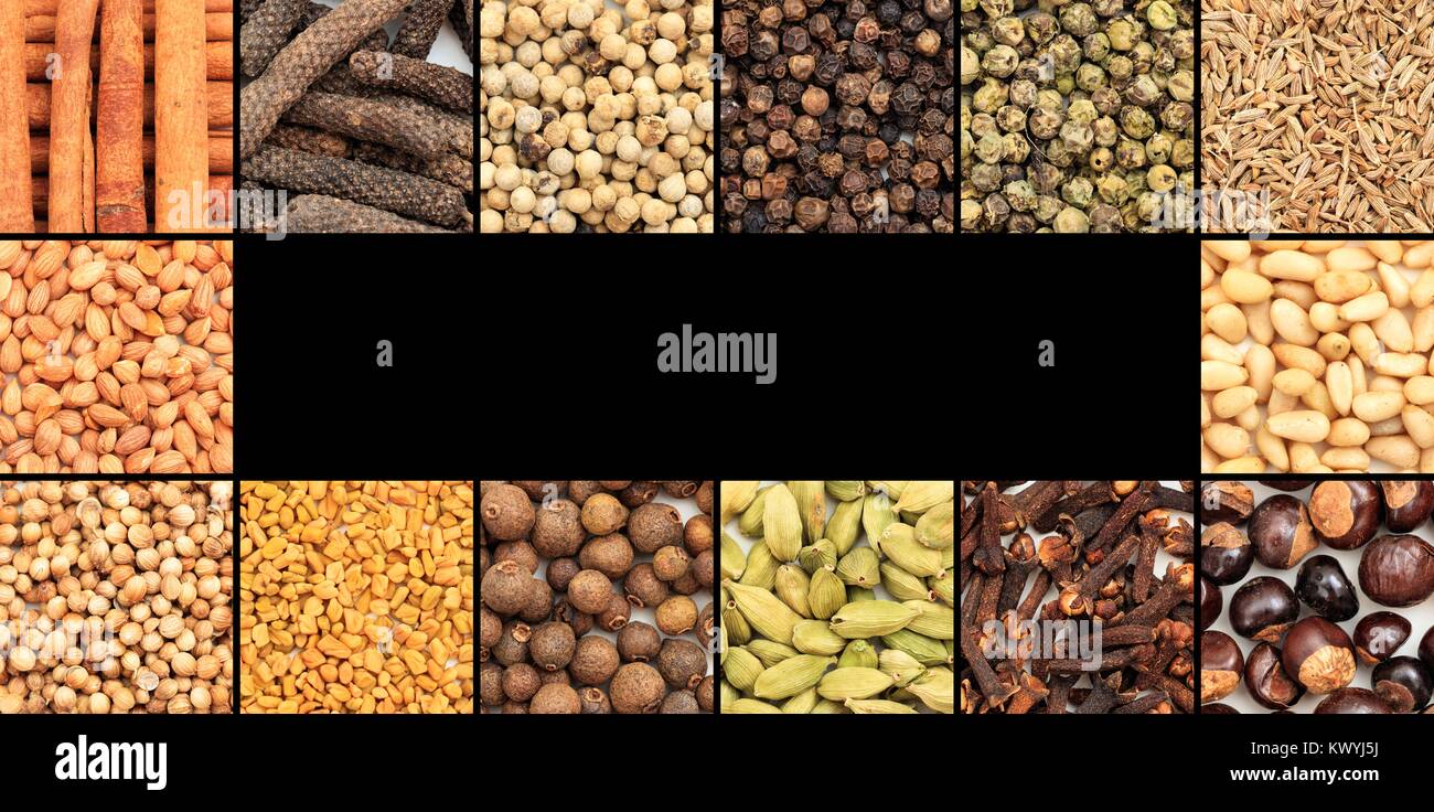 Various colorful spice seeds collage with copy space Stock Photo - Alamy