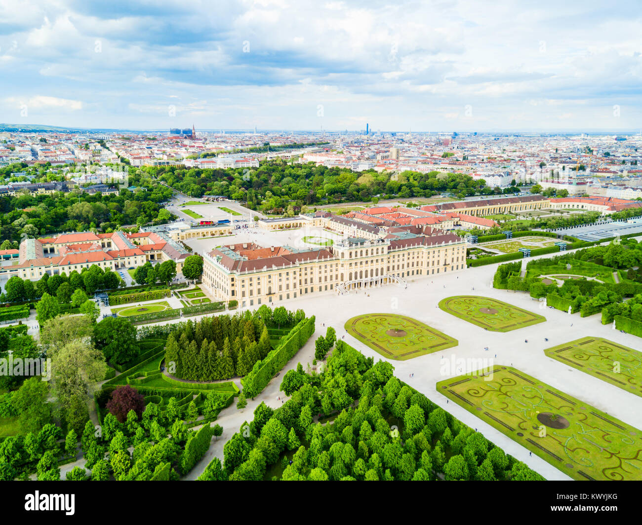 Schonbrunn Palace aerial panoramic view. Schloss Schoenbrunn is an ...