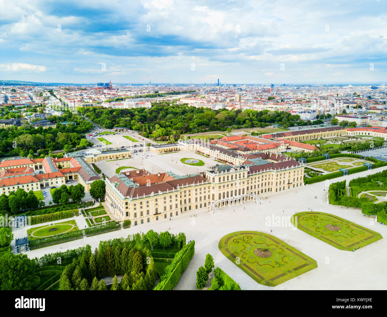 Schonbrunn Palace aerial panoramic view. Schloss Schoenbrunn is an ...