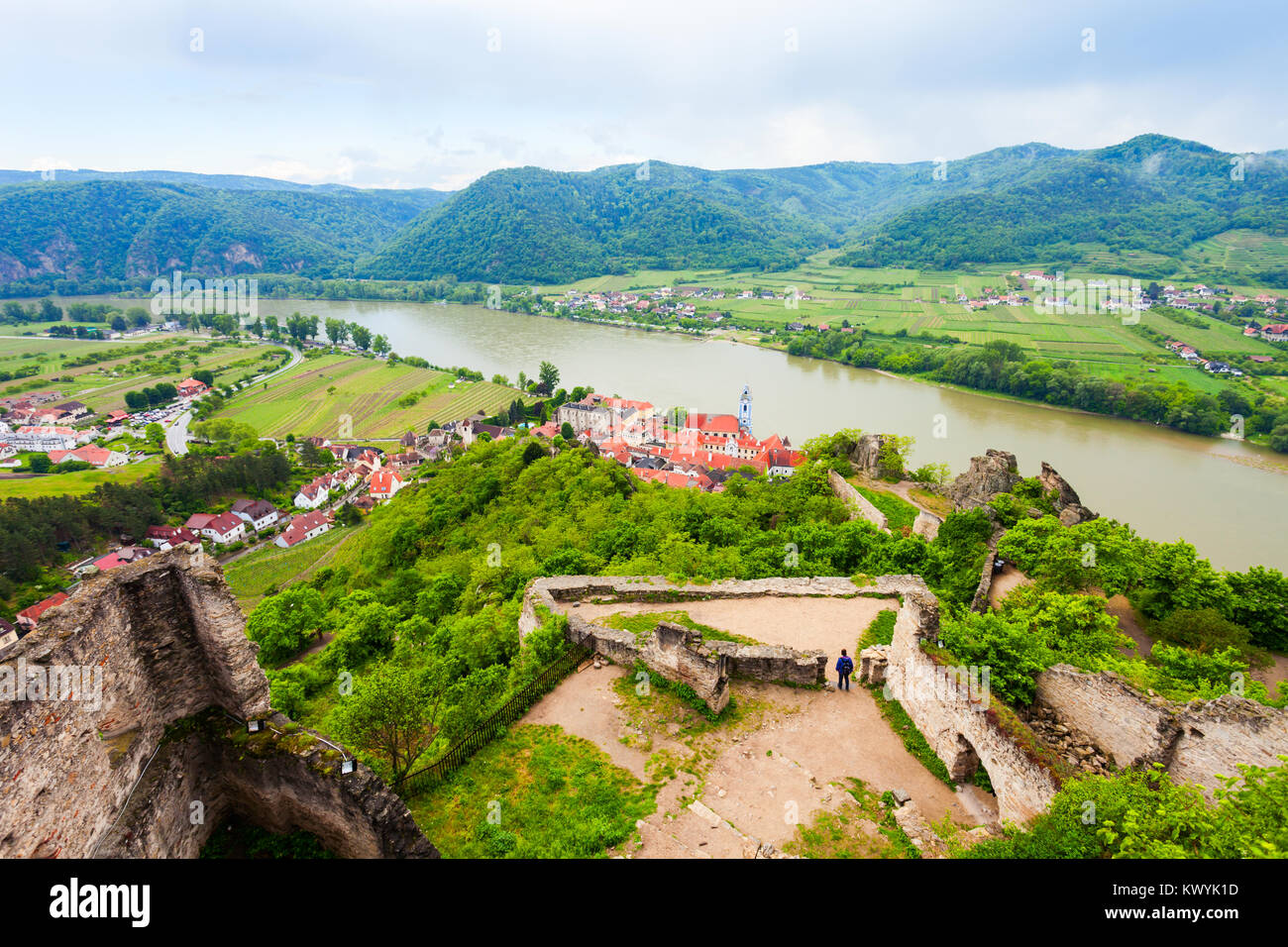 Durnstein aerial panoramic view from Durnstein Castle. Durnstein is a ...