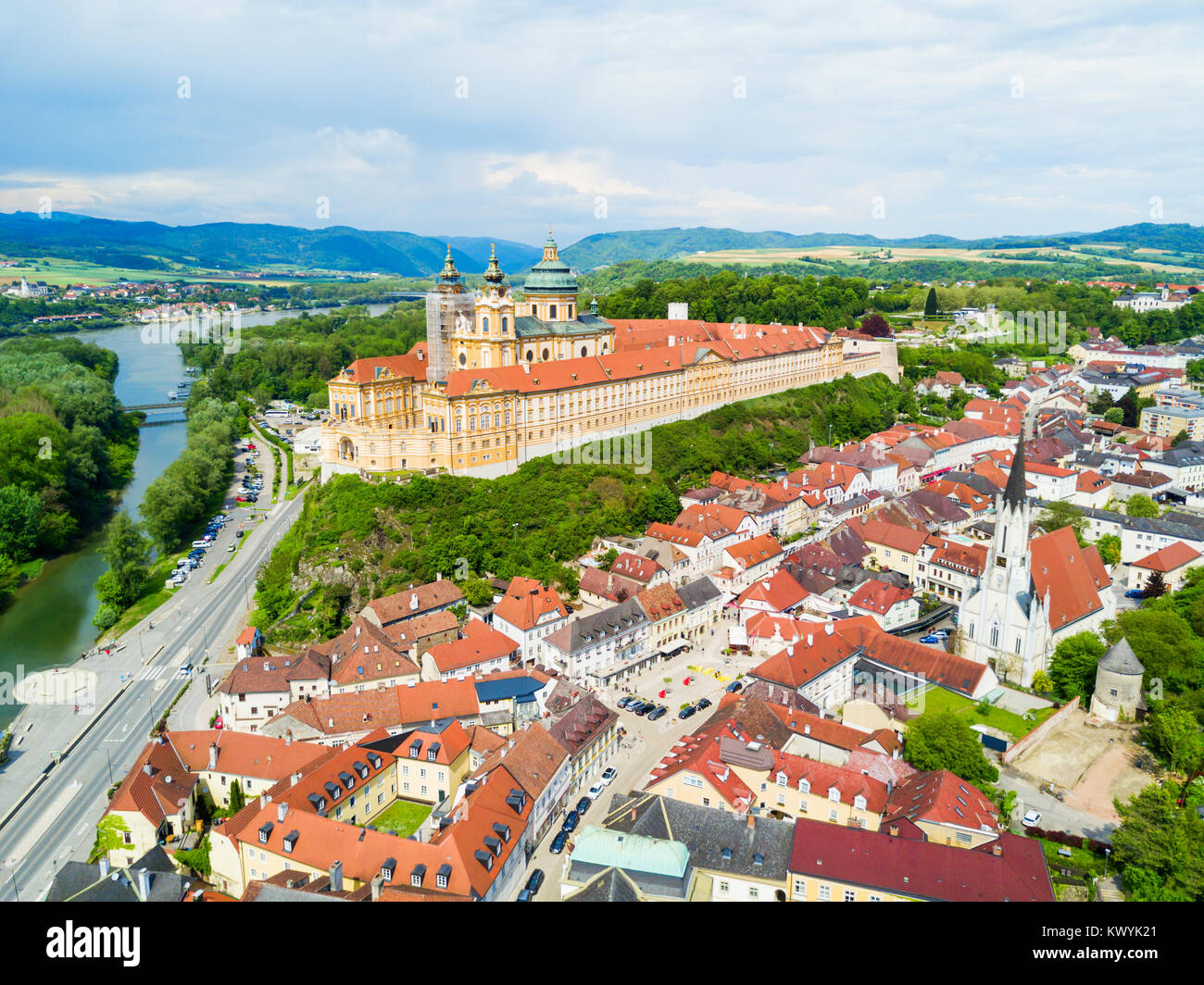 Melk Abbey Monastery aerial panoramic view. Stift Melk is a Benedictine ...