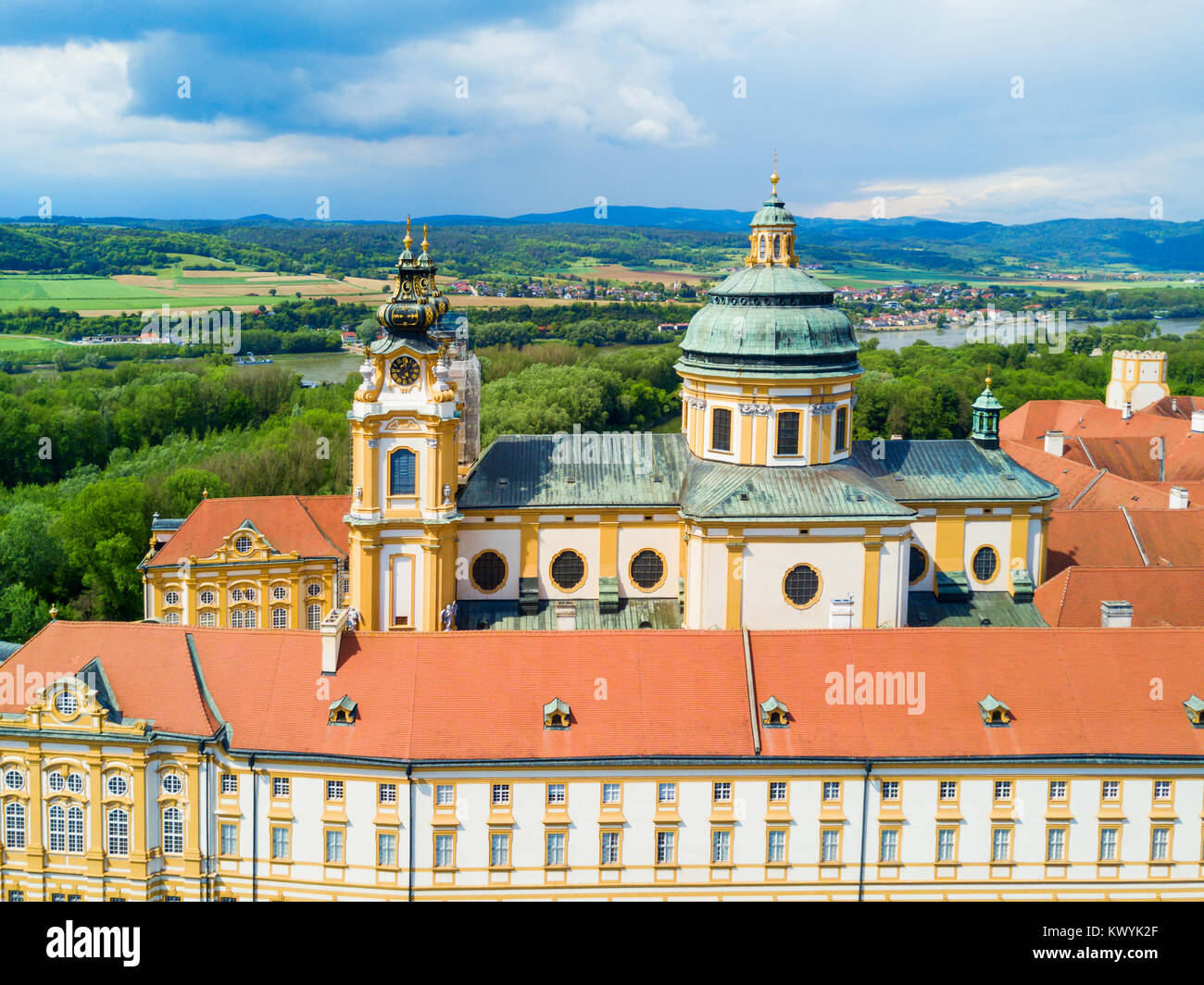 Melk Abbey Monastery aerial panoramic view. Stift Melk is a Benedictine ...
