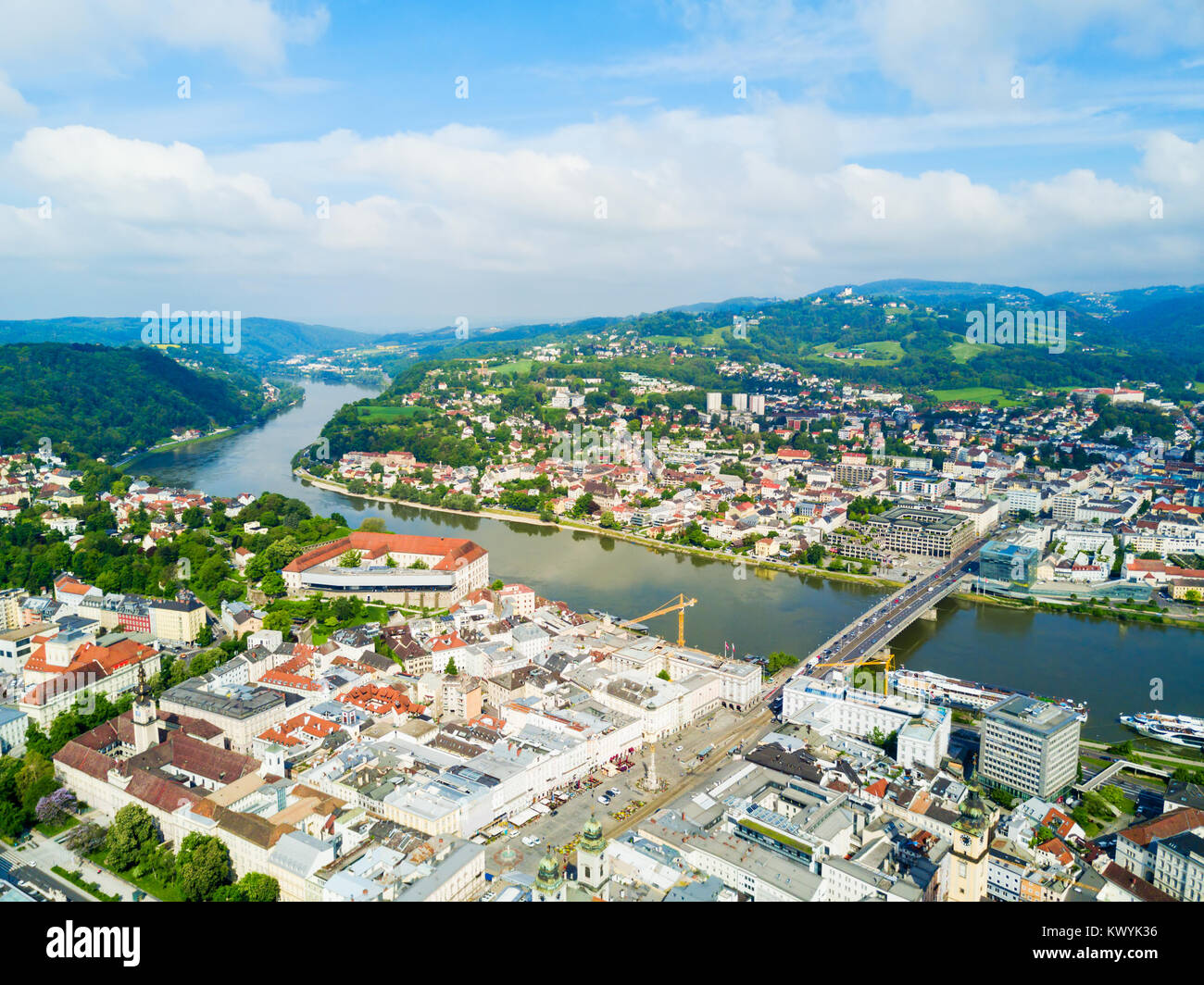 Linz city centre and Danube river aerial panoramic view in Austria ...