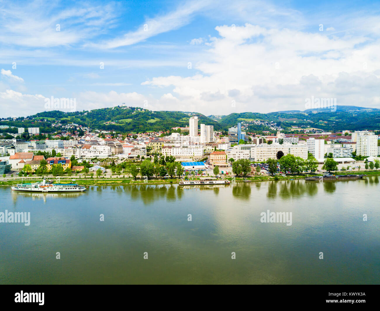 Linz city centre and Danube river aerial panoramic view in Austria ...